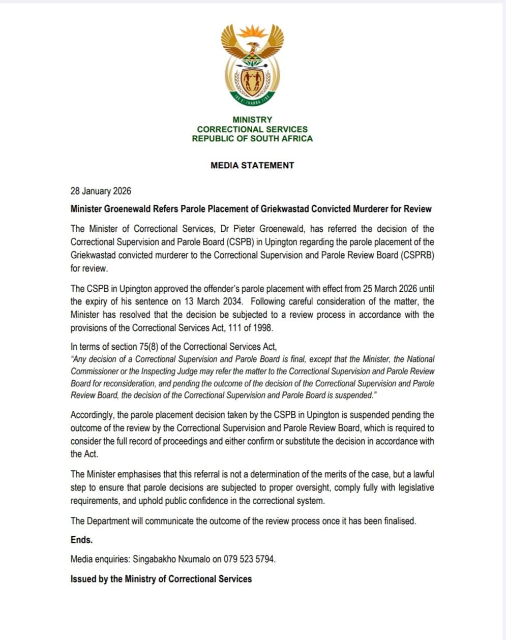 Griekwastad-moordenaar dalk nie reeds Maart op vrye voet nie - Nuusflits